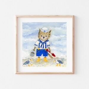 Cat Sailor Boy on Seashore With Seagulls, Dressed Sailor Cat Giclée ...