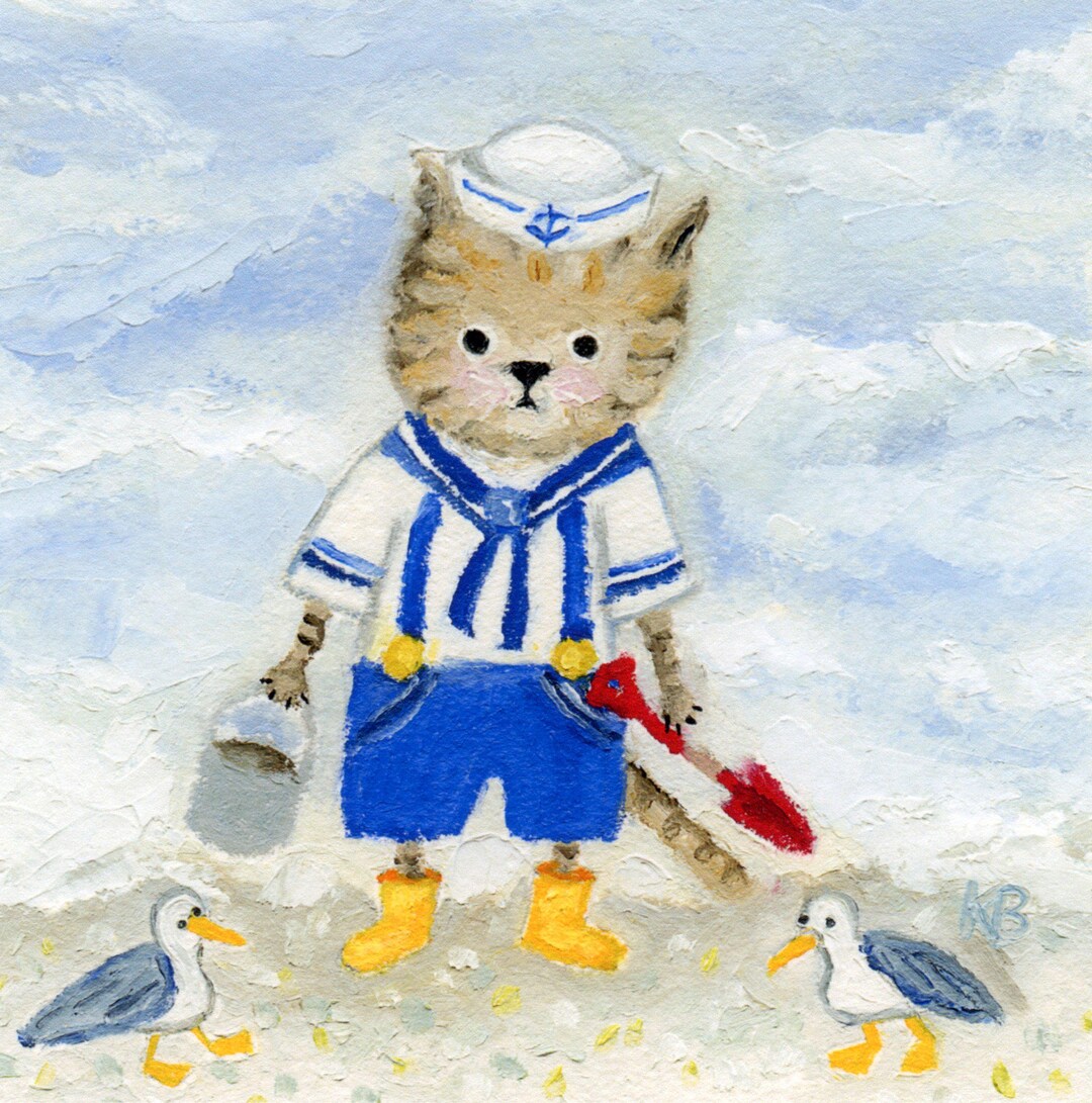 Cat Sailor Boy on Seashore With Seagulls, Dressed Sailor Cat Giclée ...