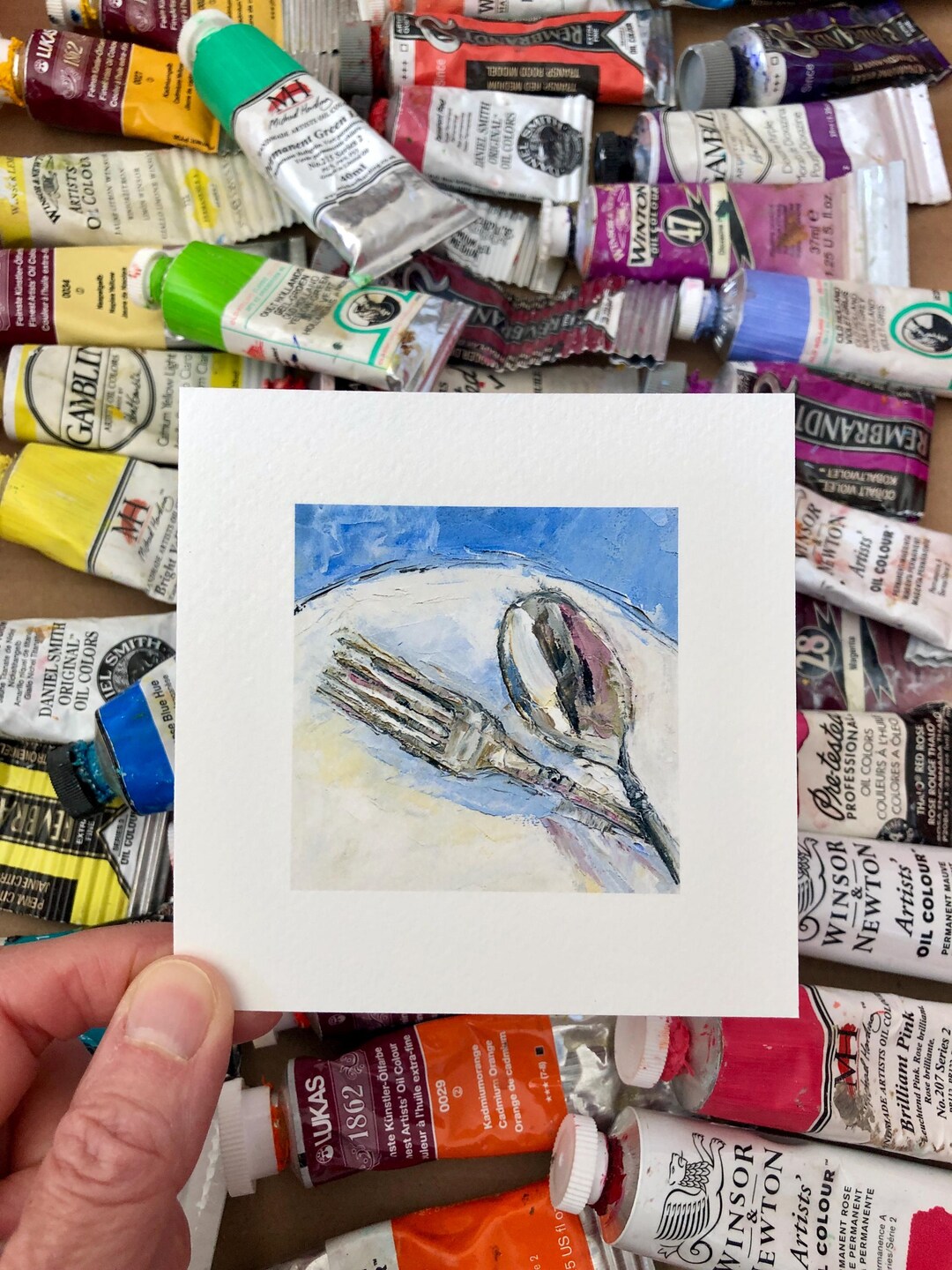 Fork and Spoon Art Print From Oil Painting, 4x4 Small Square Art, Mini ...