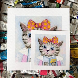 Girl Cat Reading Book Oil Painting Print, Colorful Cat Art, Nursery Cat ...