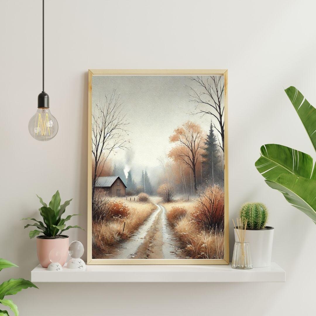 Autumn Country Path Watercolor Painting Cozy Rustic Cabin Art, Misty ...