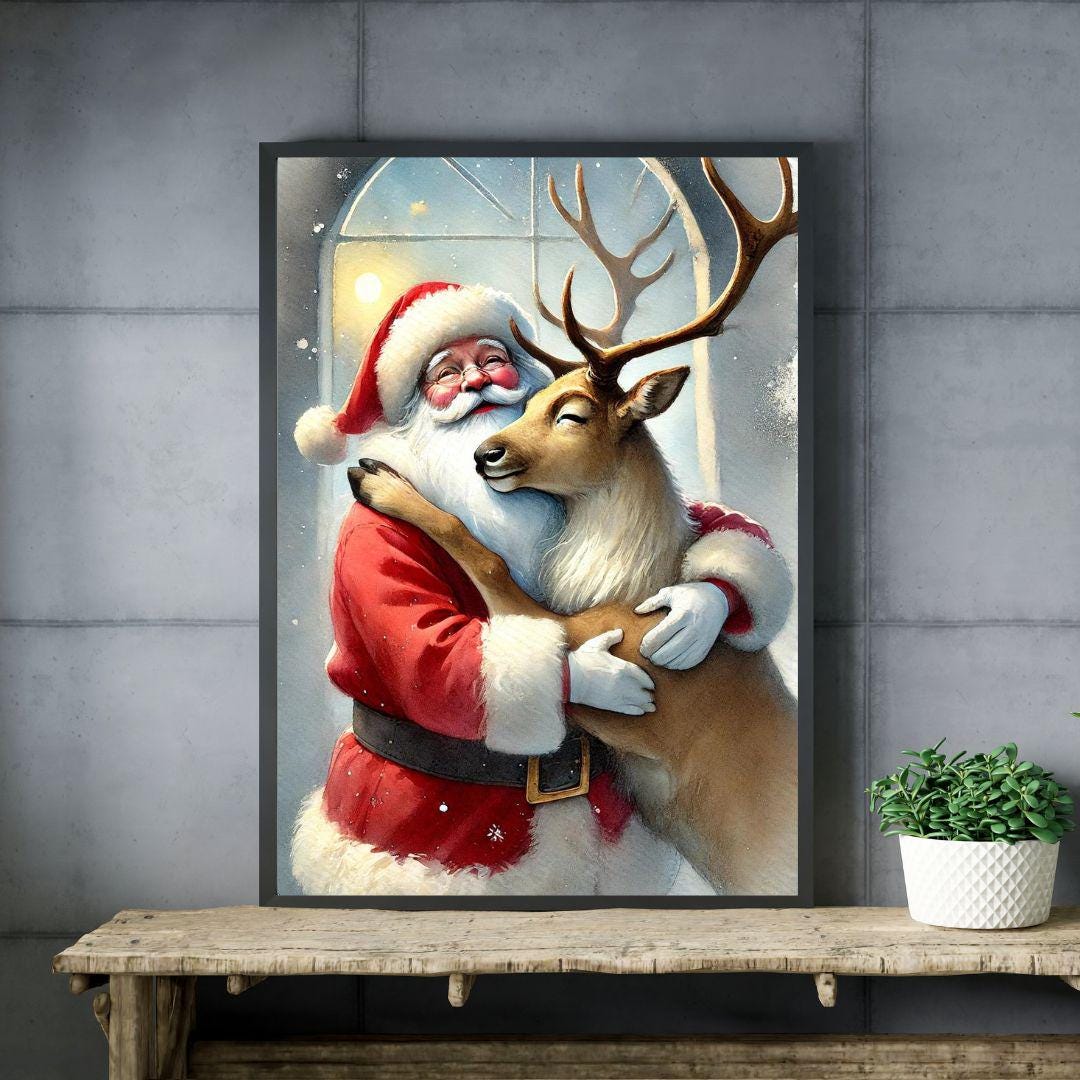 Santa Claus Hugging Reindeer, Christmas Friendship Art, Winter Holiday ...