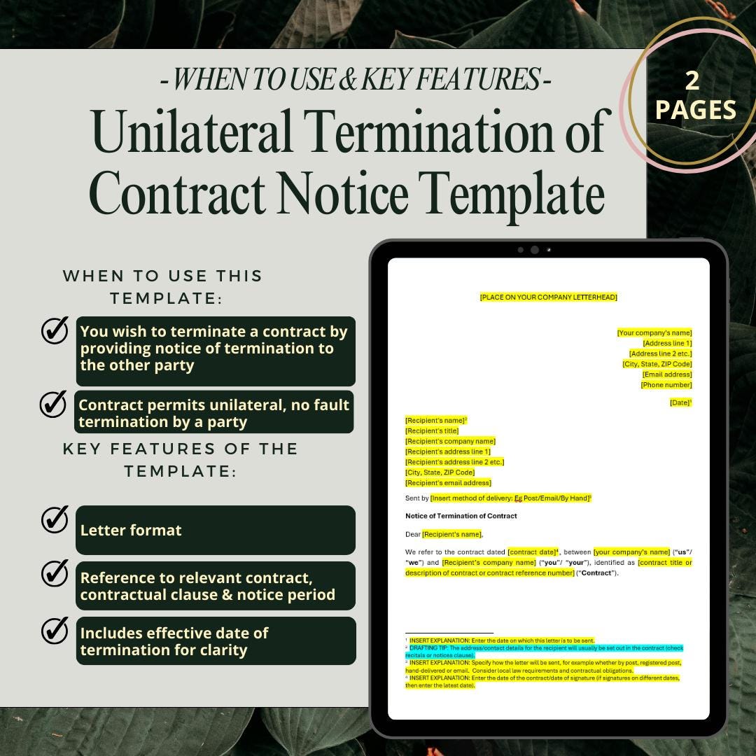 Unilateral Termination of Contract Notice Template - Etsy