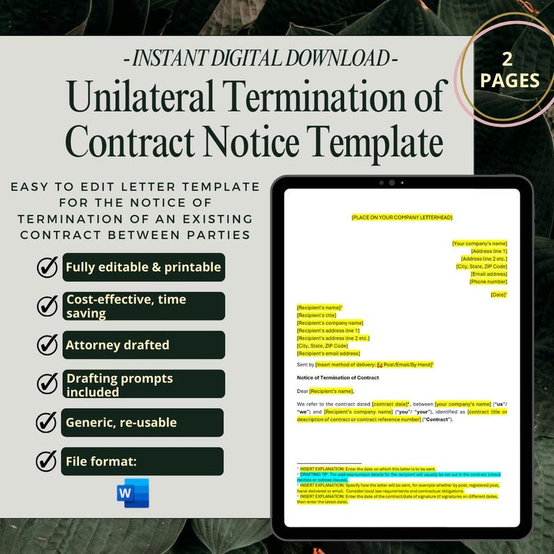 Unilateral Termination of Contract Notice Template - Etsy