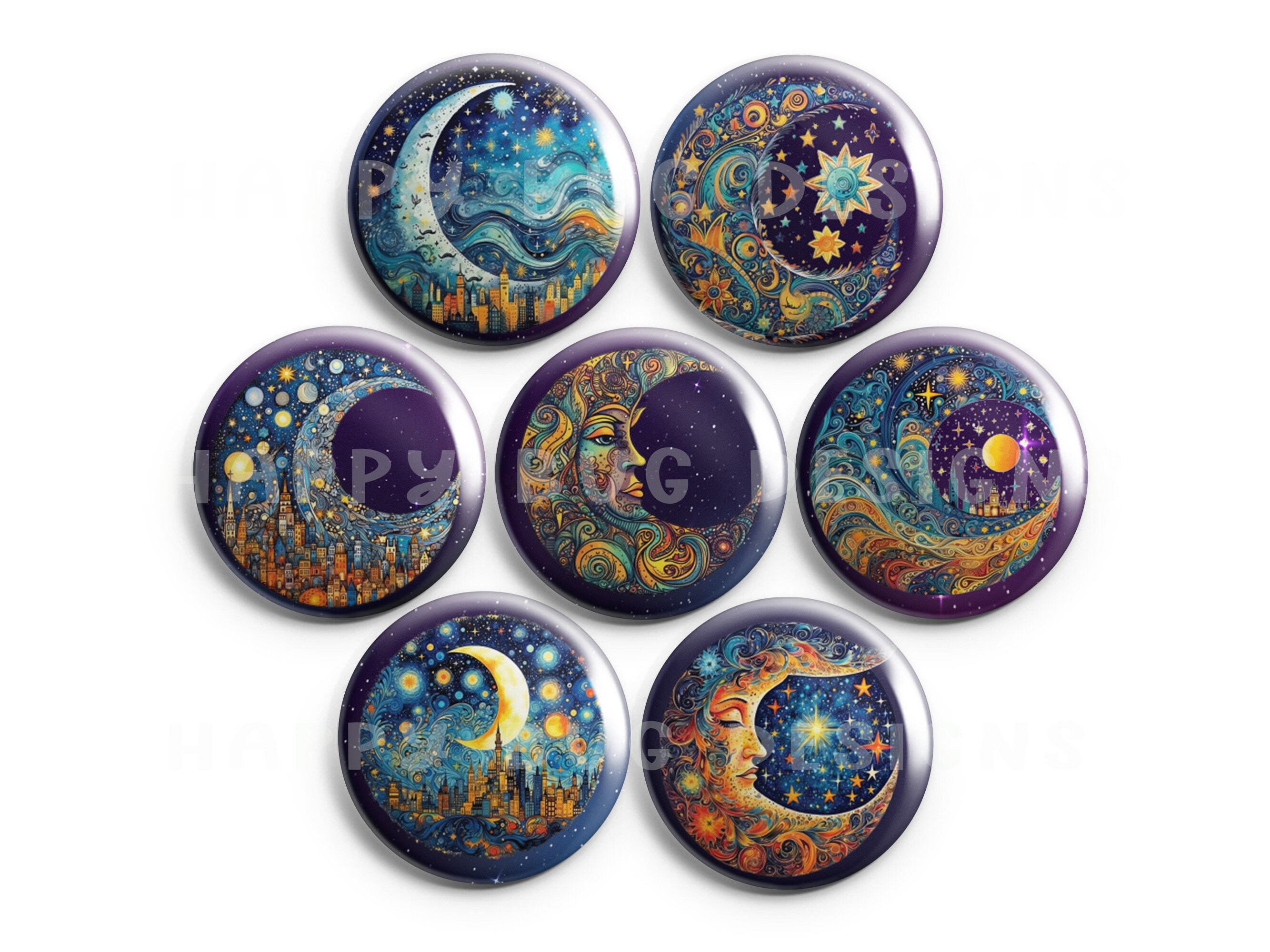 Starry Moons 1" Magnets - Set of 7 One Inch Magnets - Set #3 - Etsy