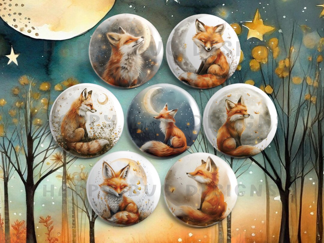 Watercolor Fox Magnets Set of 7 | 1 Inch Moonlit Fox Refrigerator ...