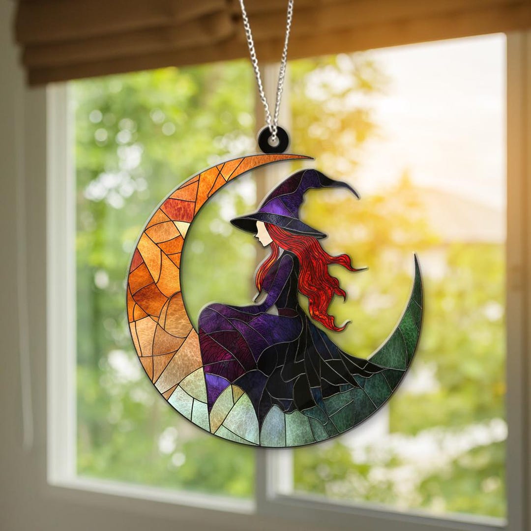 Witch and Moon Acrylic Window Hangings, Halloween Home Decor Spooky ...