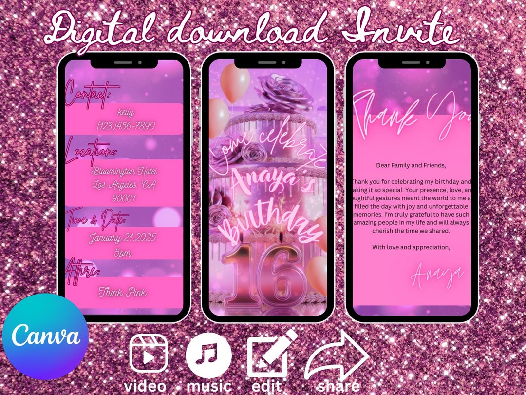 Editable Digital Download Think Pink, Glitter Video Birthday Invitation ...