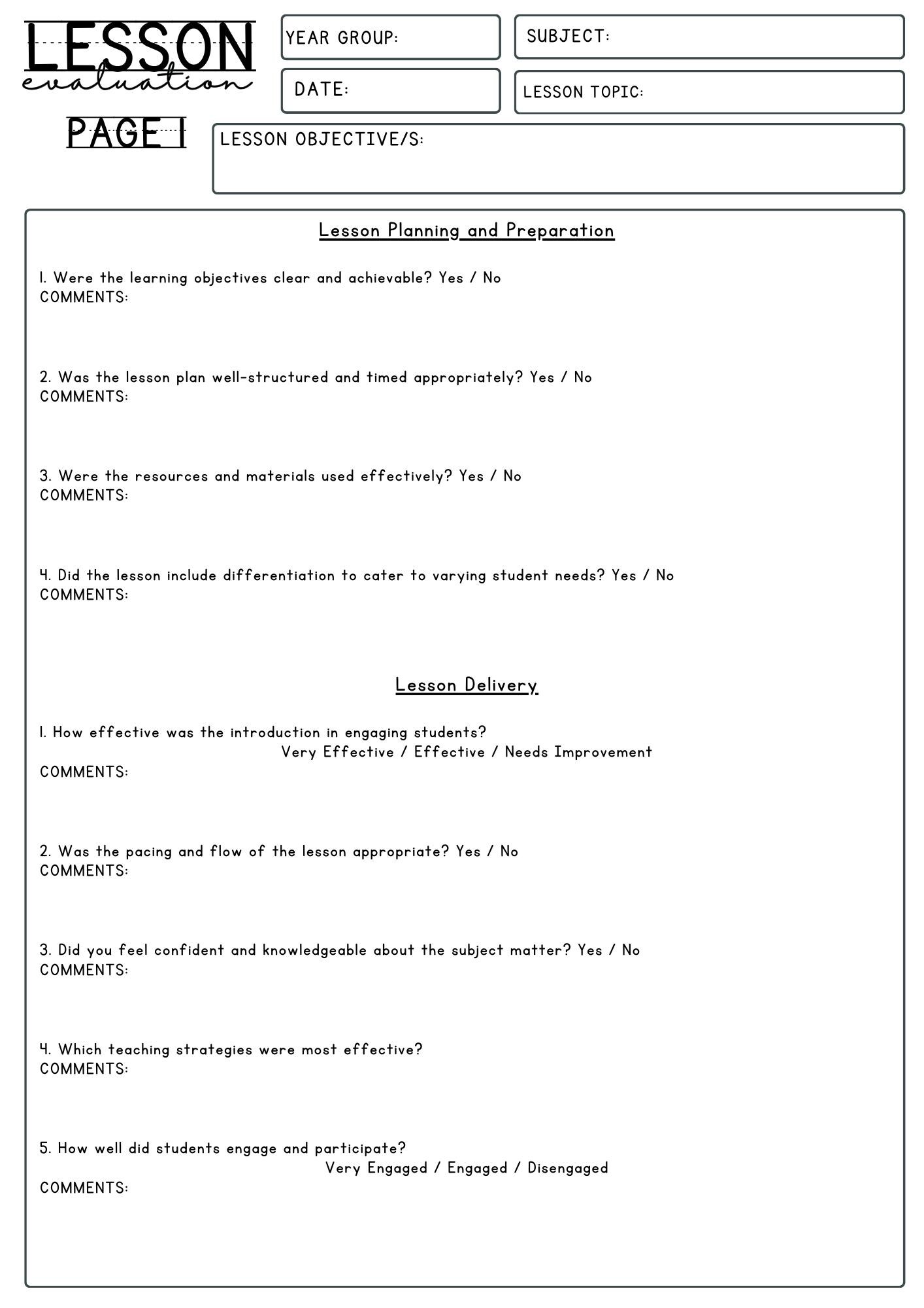 Lesson Plan and Lesson Evaluation Template - Editable Canva Link, Helpful Teacher Resource ...