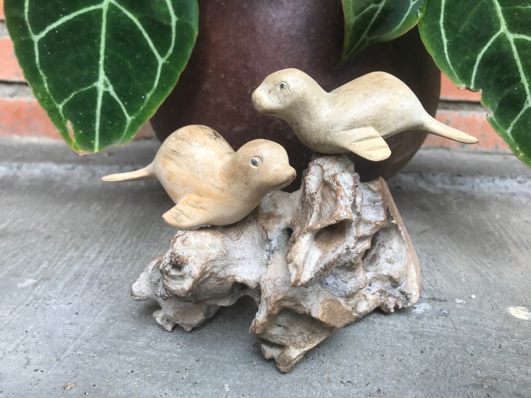 2 Seals Couple Wooden, Seal Sculpture, Home Decor, Double Seals ...
