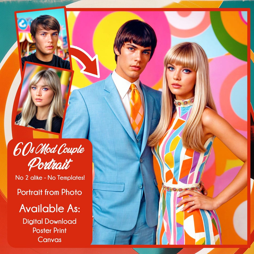 Custom 60’s Mod Couple Portrait | Personalized Retro Art From Your ...