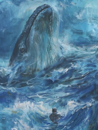 Prophet Jonah Facing the Big Fish. Jonah Swimming in the Stormy Sea ...