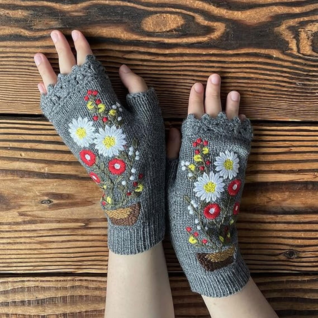 Handmade Gloves, Women Flower Embroidery Knitted Gloves Handmade Winter ...