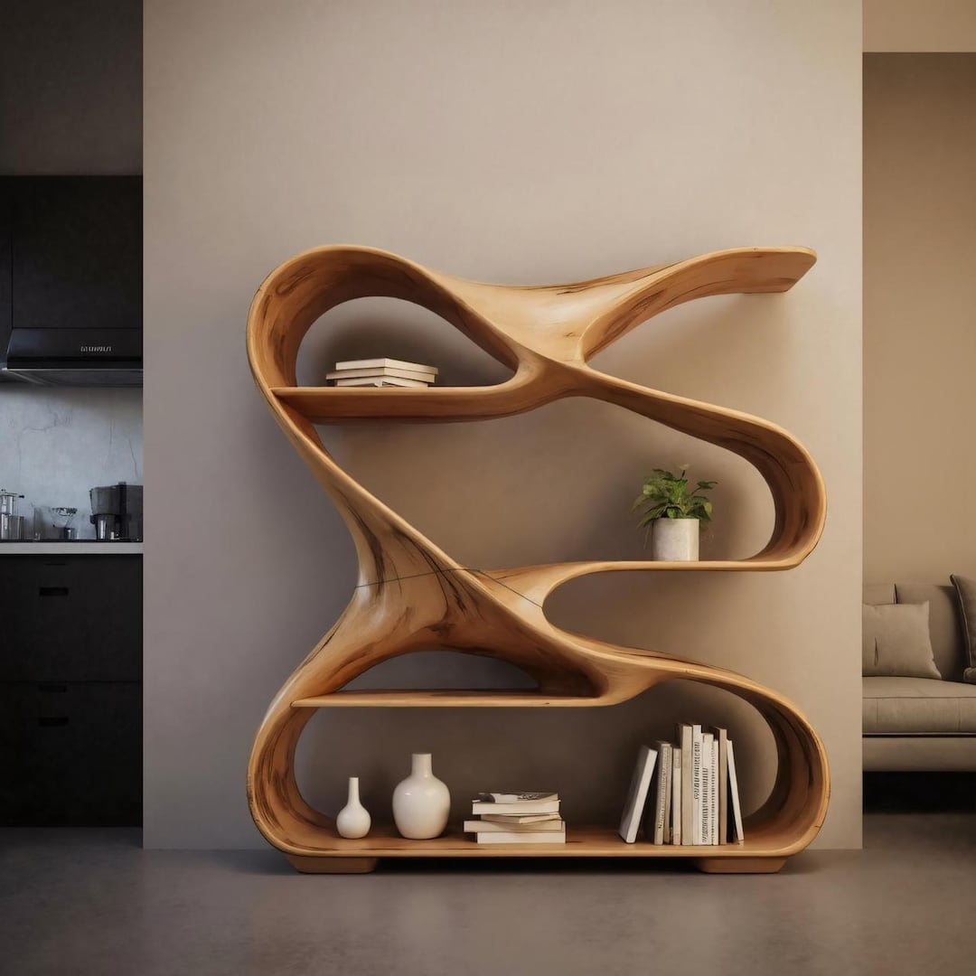 Modern Sculptural Wooden Bookshelf Organic Flowing Design Solid Wood ...