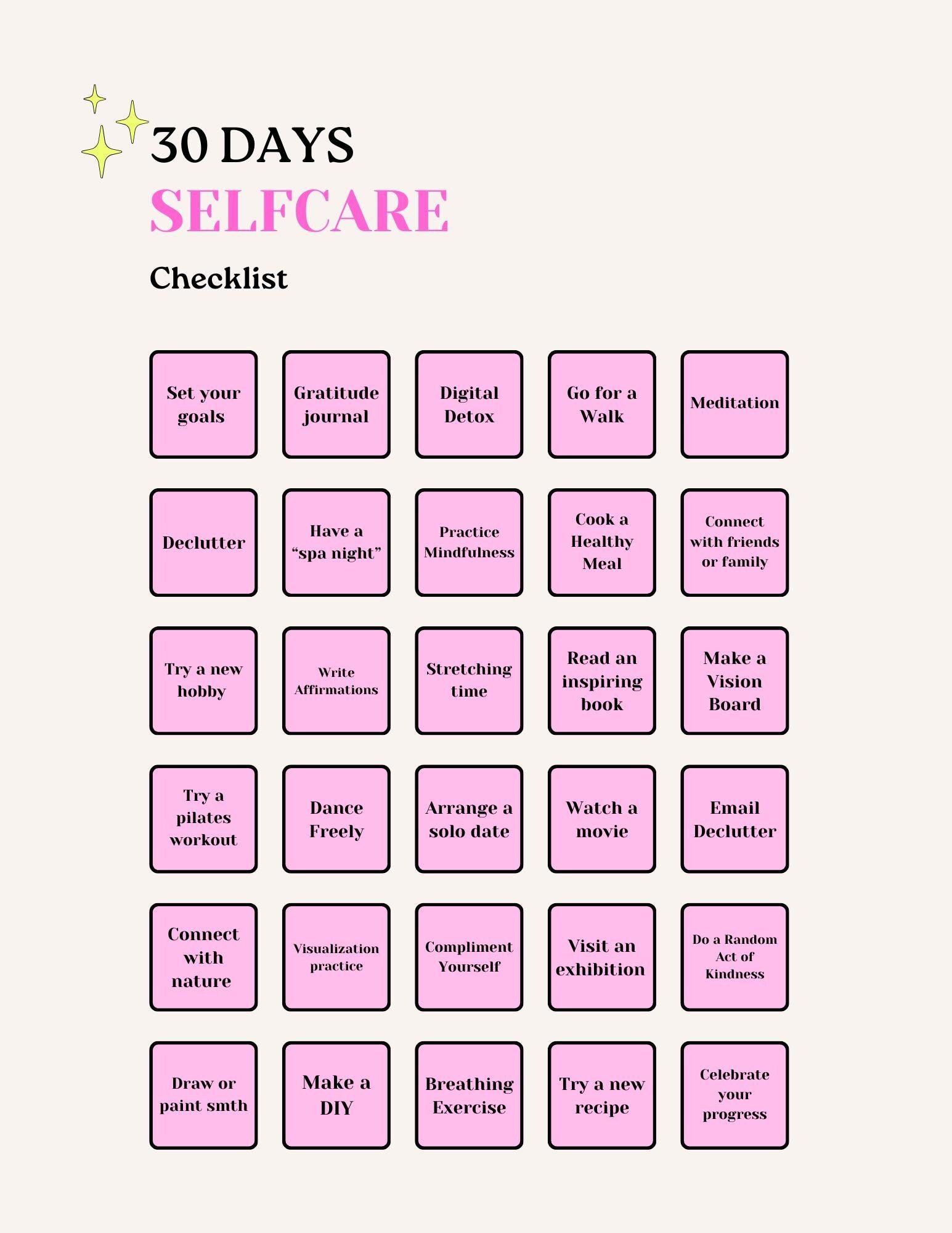 30 Days Self-care Checklist Selfcare Planner, Daily Self-care Challenge ...