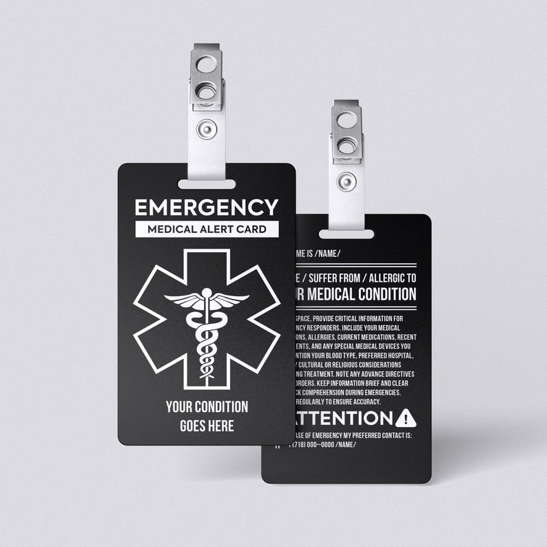 Medical Emergency Alert Card PERSONALIZED Laser Engraved Metal Card ...