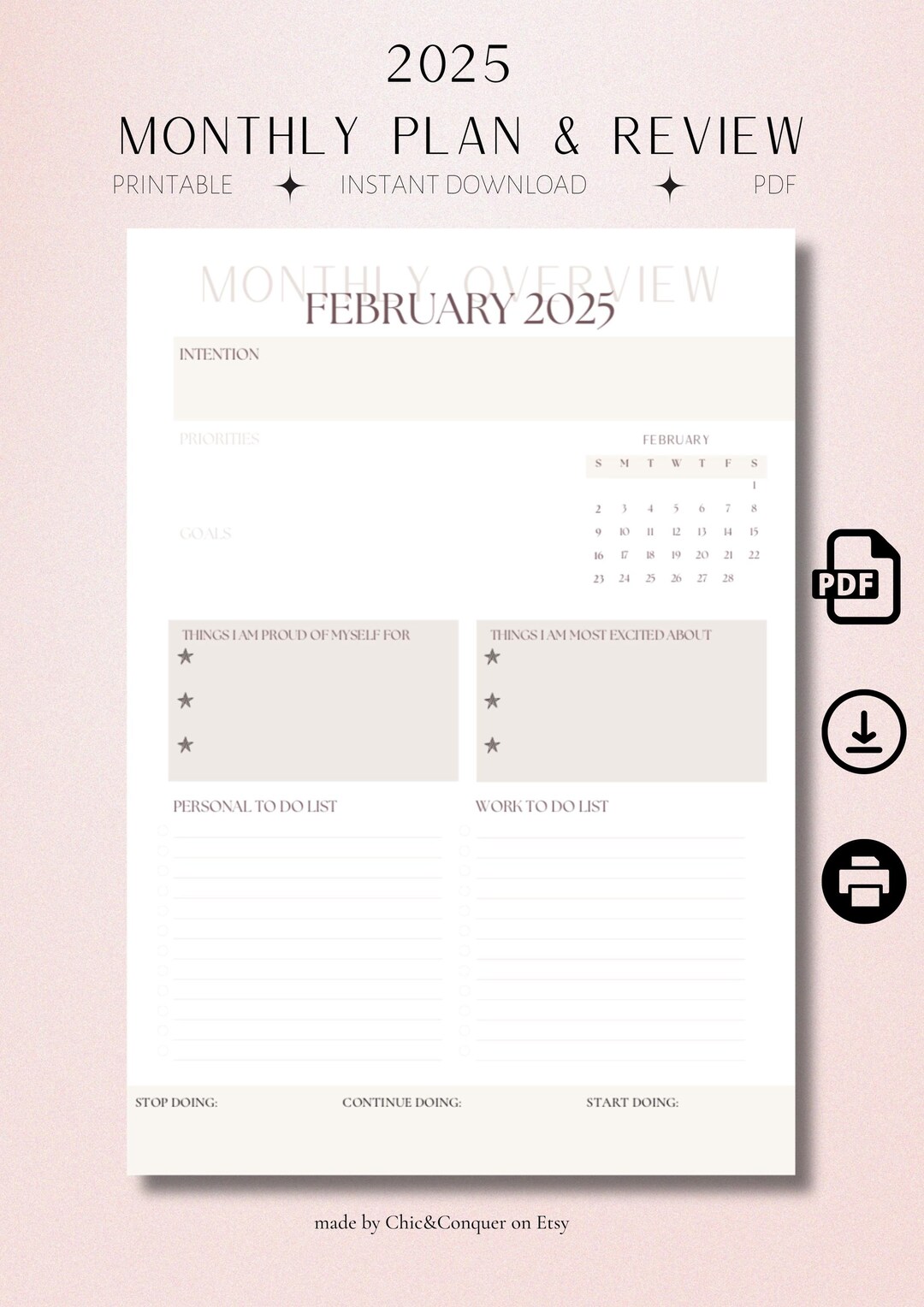Monthly Review Planner With Calendar 2025 - Clean & Elegant Neutral ...