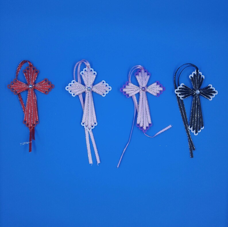Color Plastic Canvas Crosses Made of Ribbon W/ Metallic Accents, Pearls ...