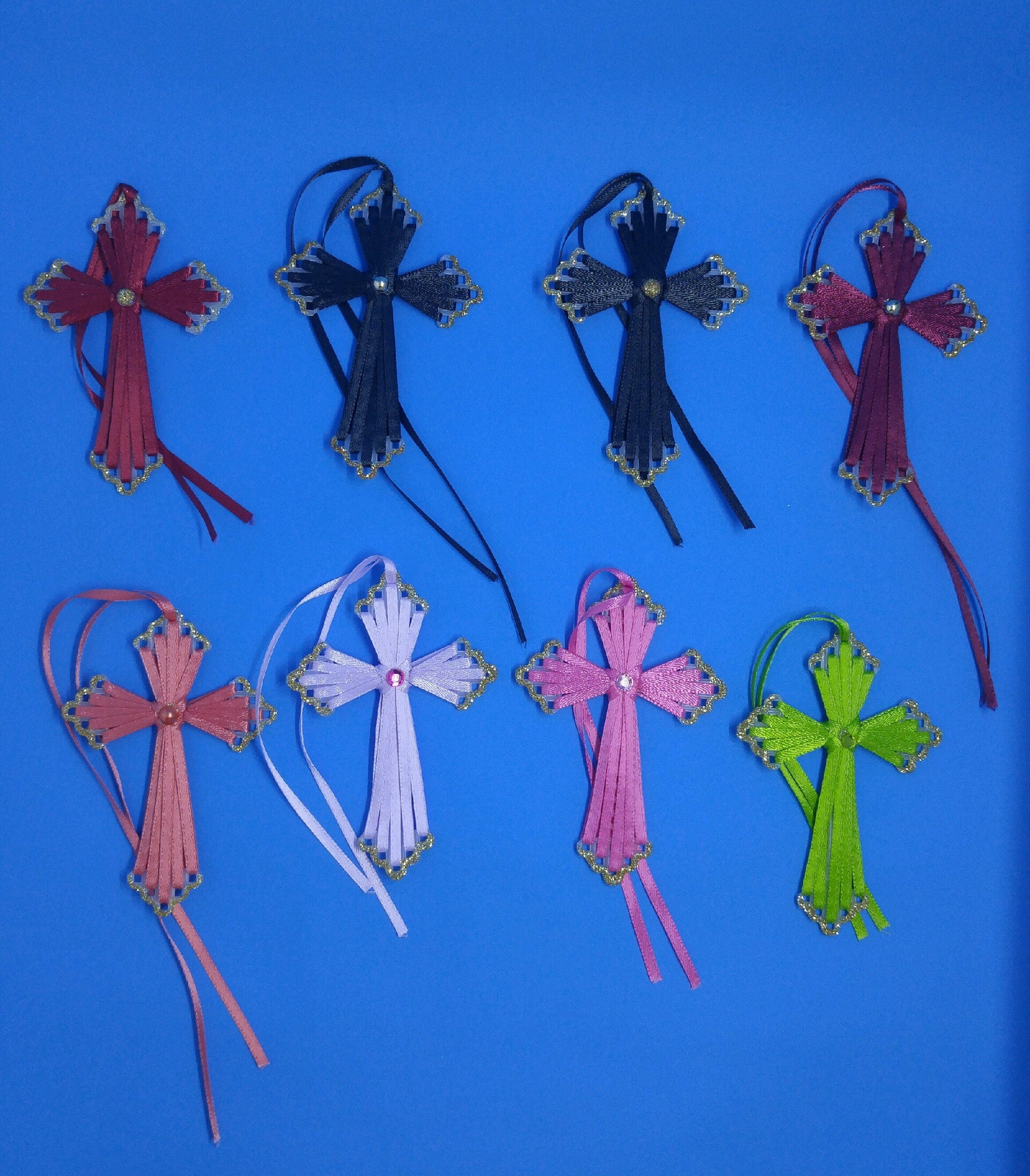 Plastic Canvas Crosses Made W/ Color Ribbon, Gold Glitter, Pearls, and ...