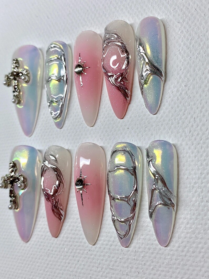 Gothic Cross Press on Nails | Holographic Ombré, Pearl 3D Nail Set - Etsy