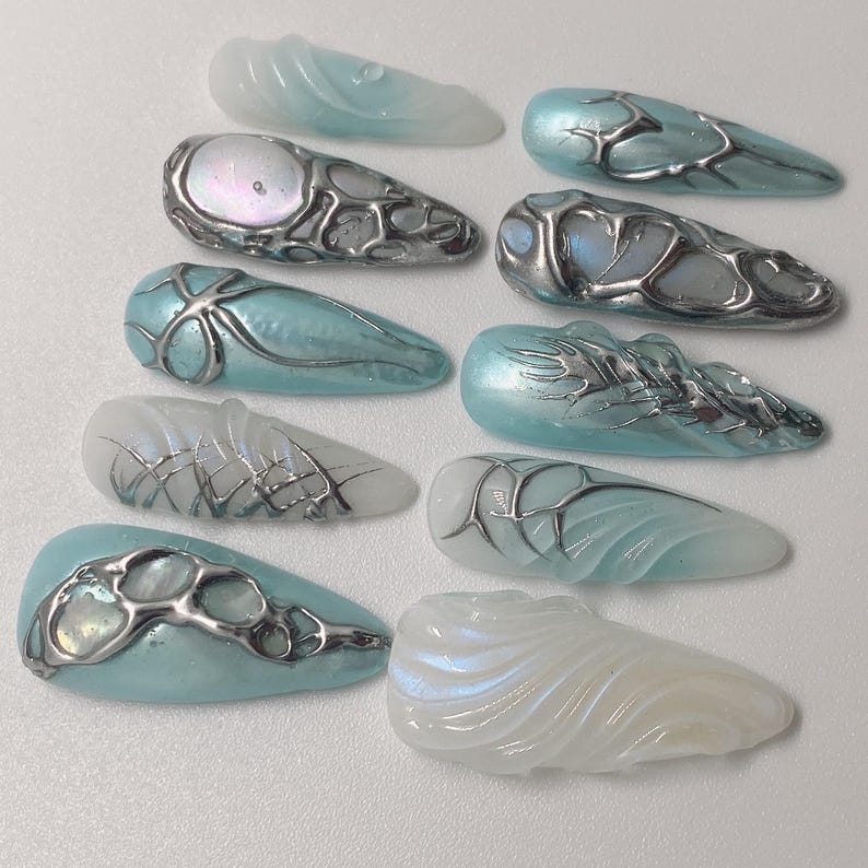 Aqua Chrome Press on Nails | Molten Silver 3D Nail Art - Etsy