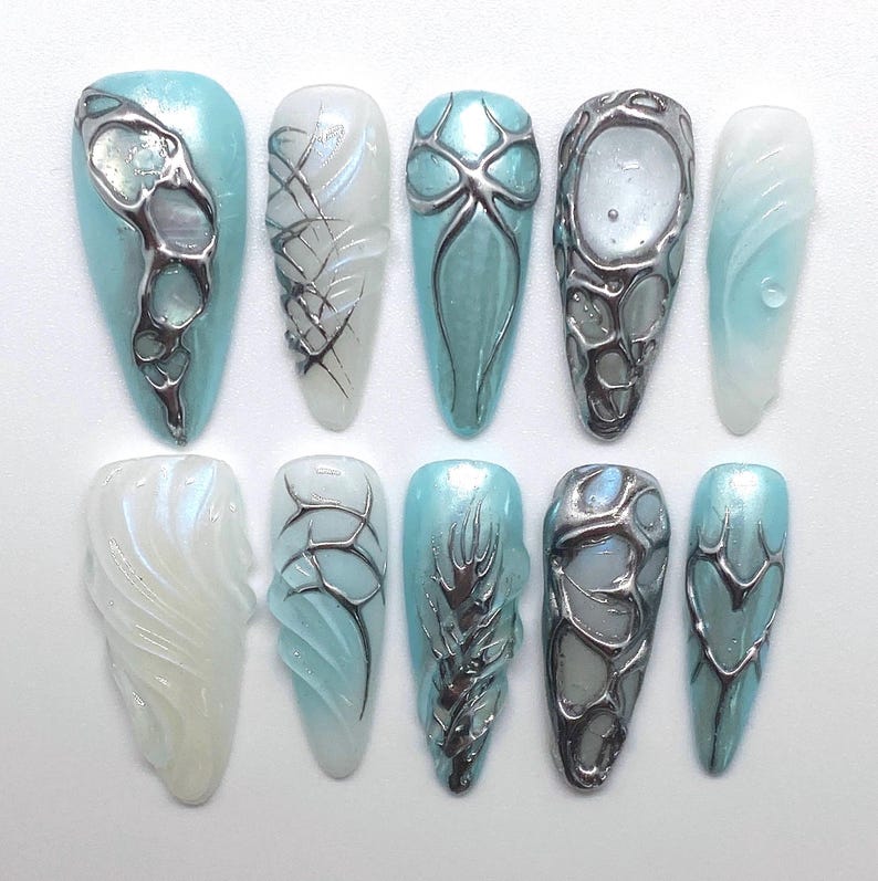 Aqua Chrome Press on Nails | Molten Silver 3D Nail Art - Etsy