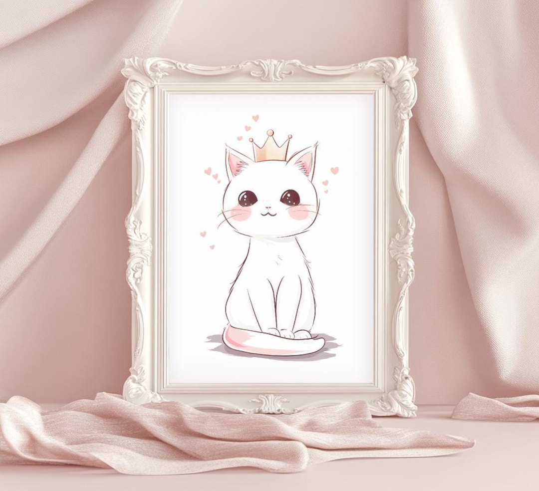 White Cat Princess With Crown and Pink Hearts Digital Illustration ...