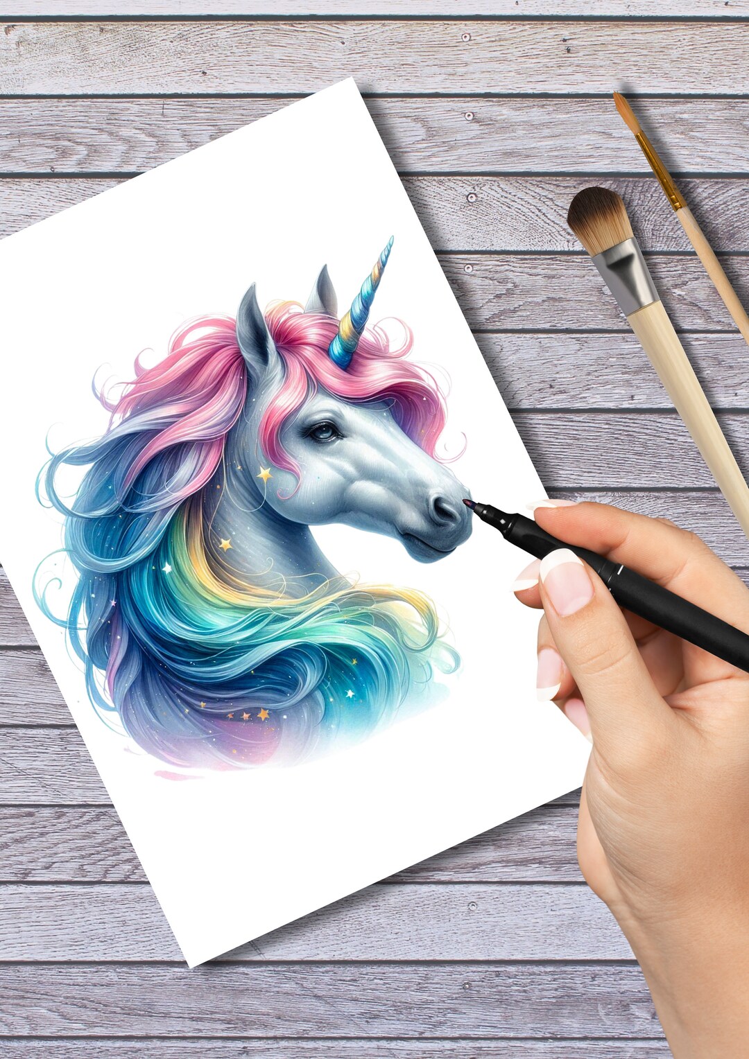 Illustration of a Unicorn in Watercolor and Colored Pencils Inkjet ...