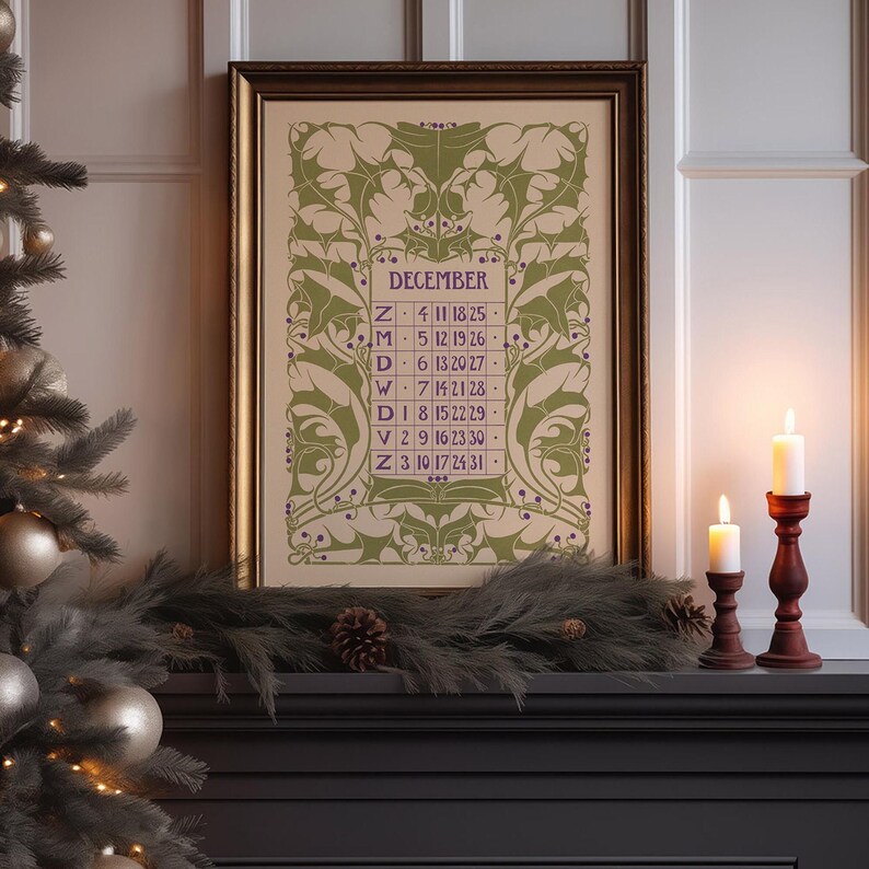 Vintage December Calendar Poster Printable, Retro Christmas Wall Art ...