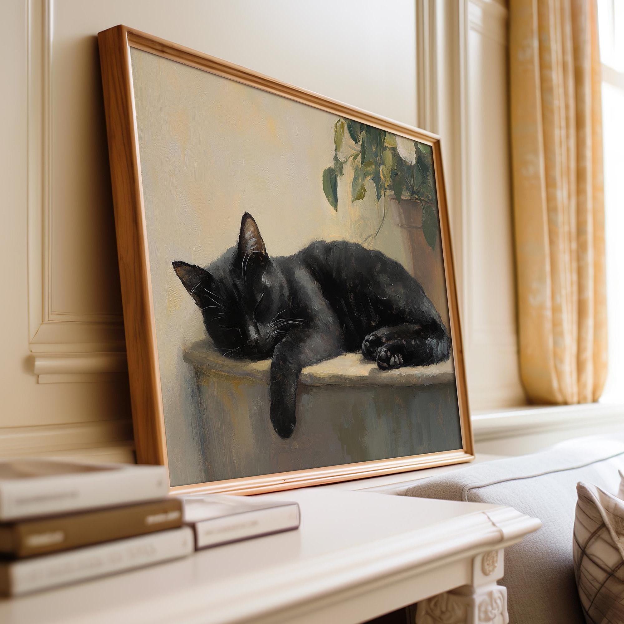 Sleeping Black Cat Art Print, Digital Download, Pink Green, Feline ...