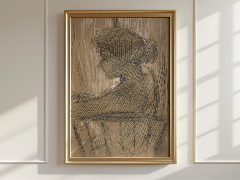 Vintage Charcoal Drawing of Woman, Antique Sketch Art, Printable Wall ...