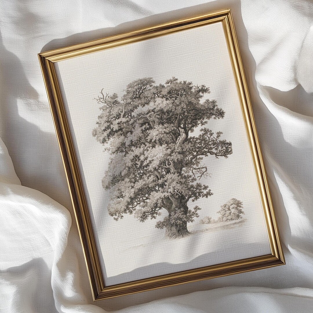 Traditional Oak Tree Etching Wall Art, Rustic Farmhouse Decor, Vintage ...