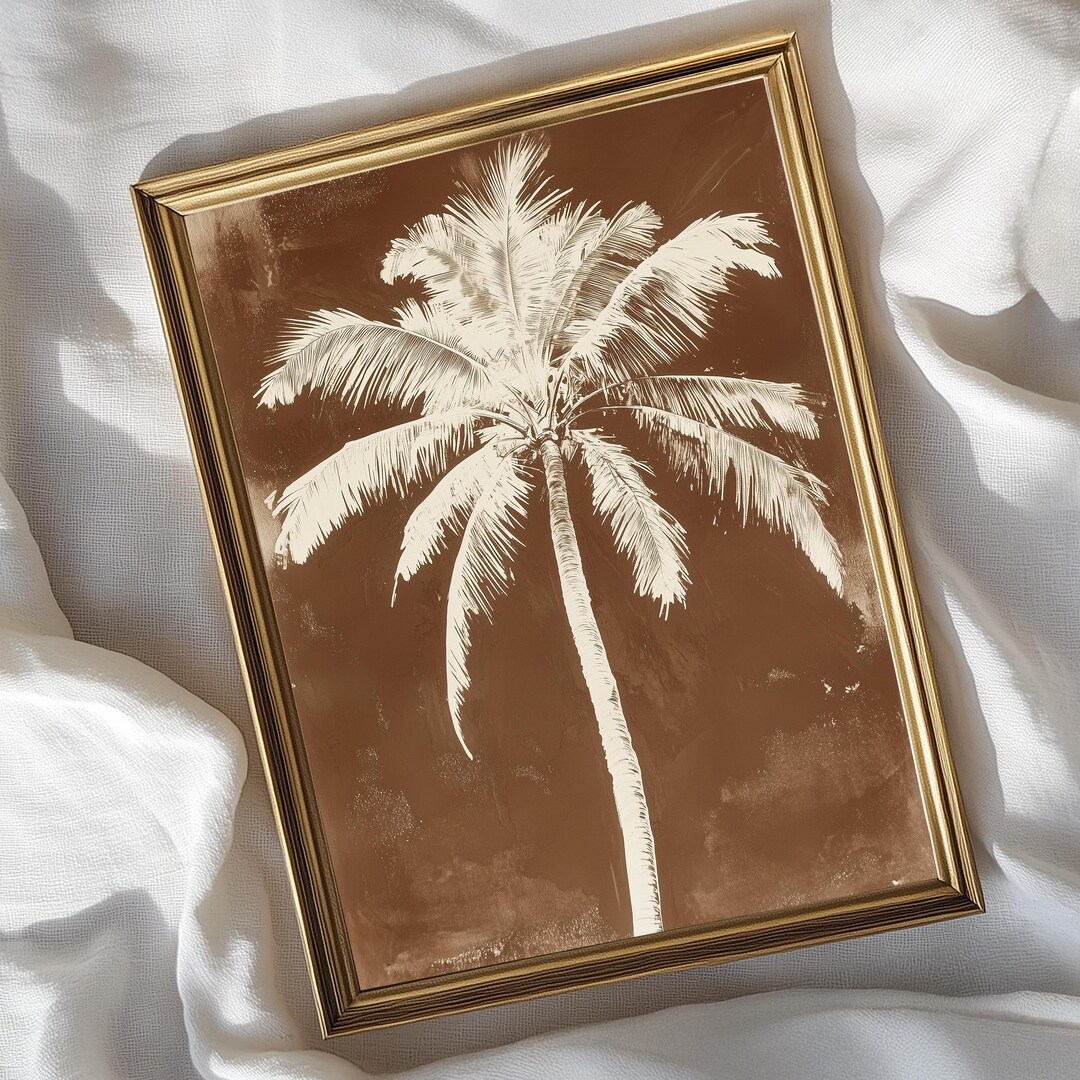 Printable Brown & Cream Palm Tree Screen Print, Vintage Artwork ...