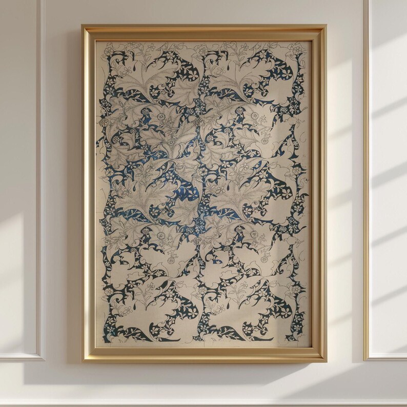 Vintage Tapestry Blue Toned Botanical Patterned Print, Digital Download ...