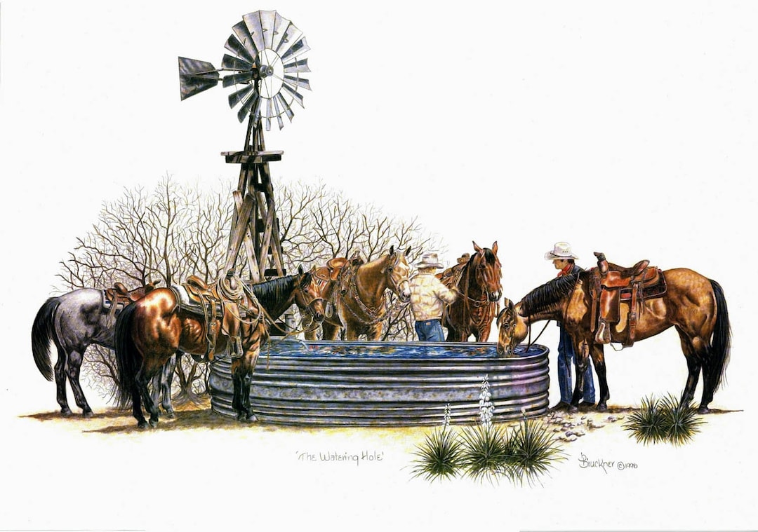 Small Western Art Print ~ Cowboys, Horses Around a Windmill and Water ...