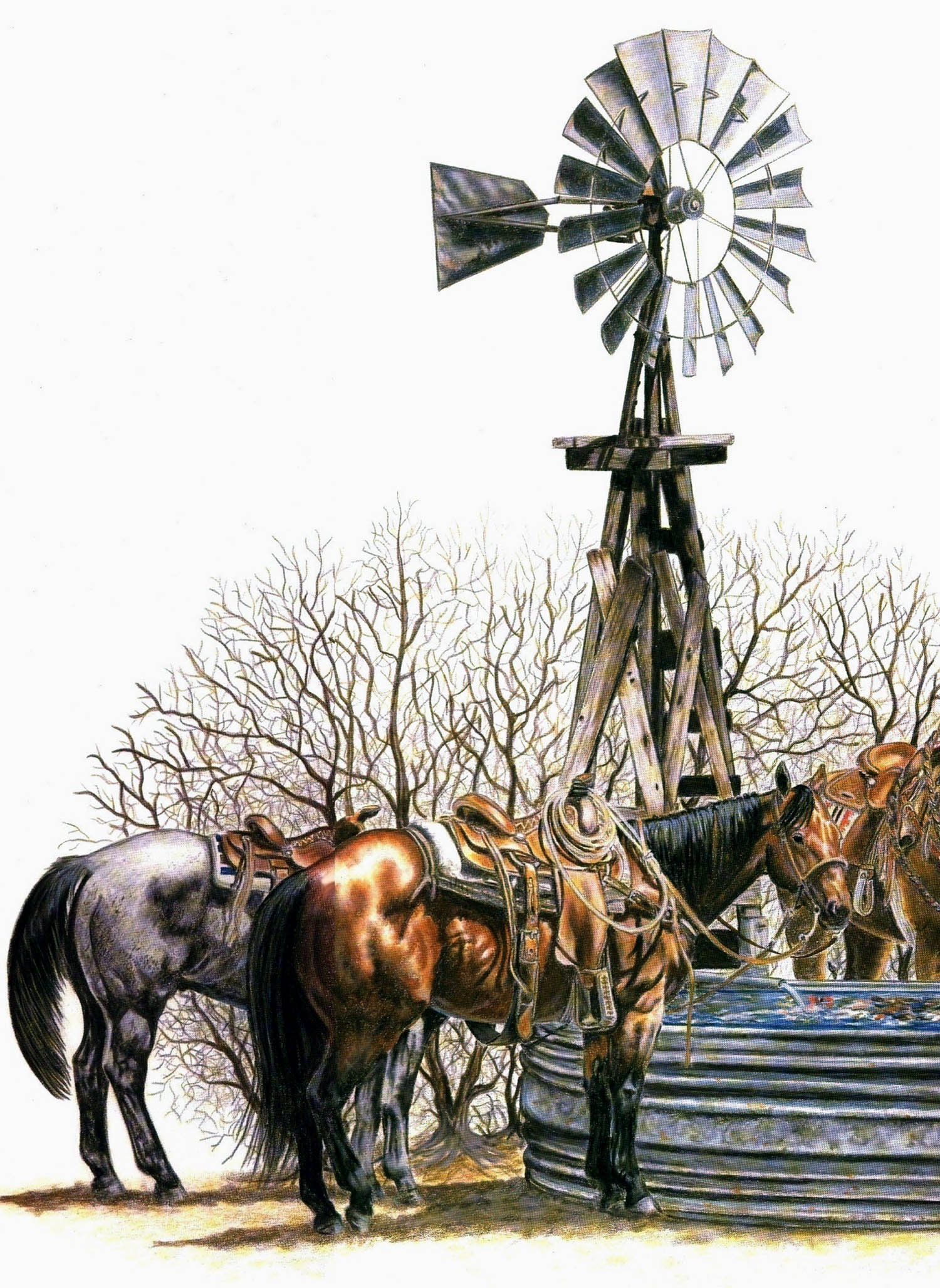Small Western Art Print ~ Cowboys, Horses Around a Windmill and Water ...