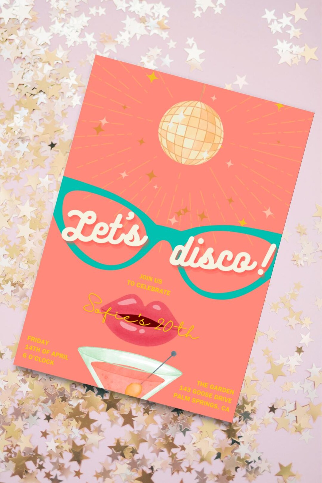 Pink Birthday Party Invitation Template, Pink Disco Party, Retro Disco ...