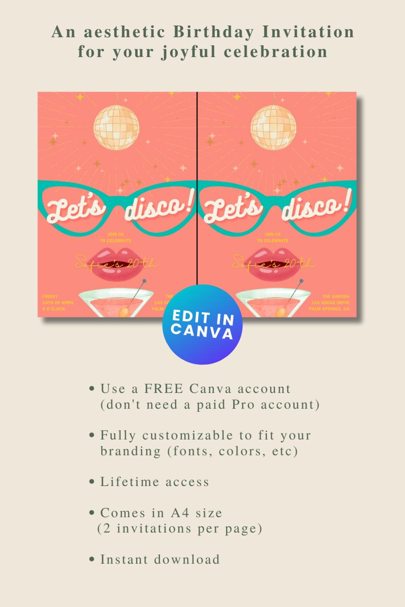 Pink Birthday Party Invitation Template, Pink Disco Party, Retro Disco ...