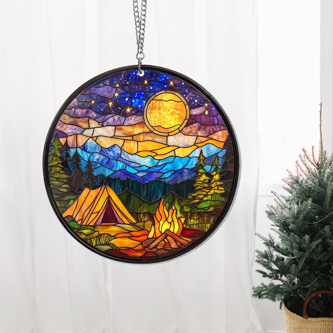 Starry Camp Fire Suncatcher Acrylic Hanging, Mountain Camping ...