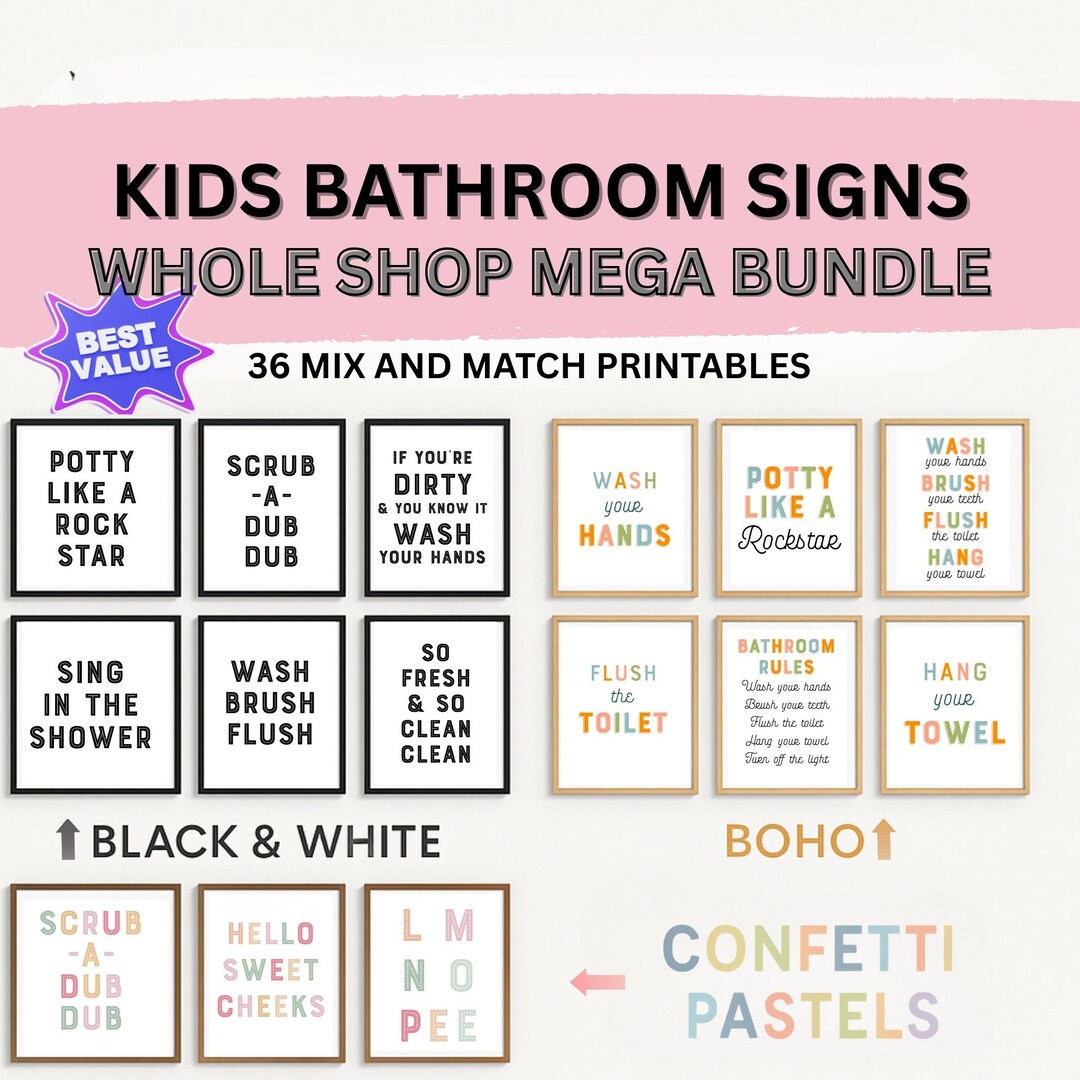 Kids Bathroom Signs Mega Bundle – 36 Printable Wall Art Posters – Funny ...