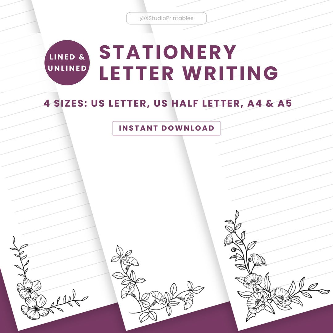 Floral Black White Letter Writing Printable Stationery Paper Lined and ...