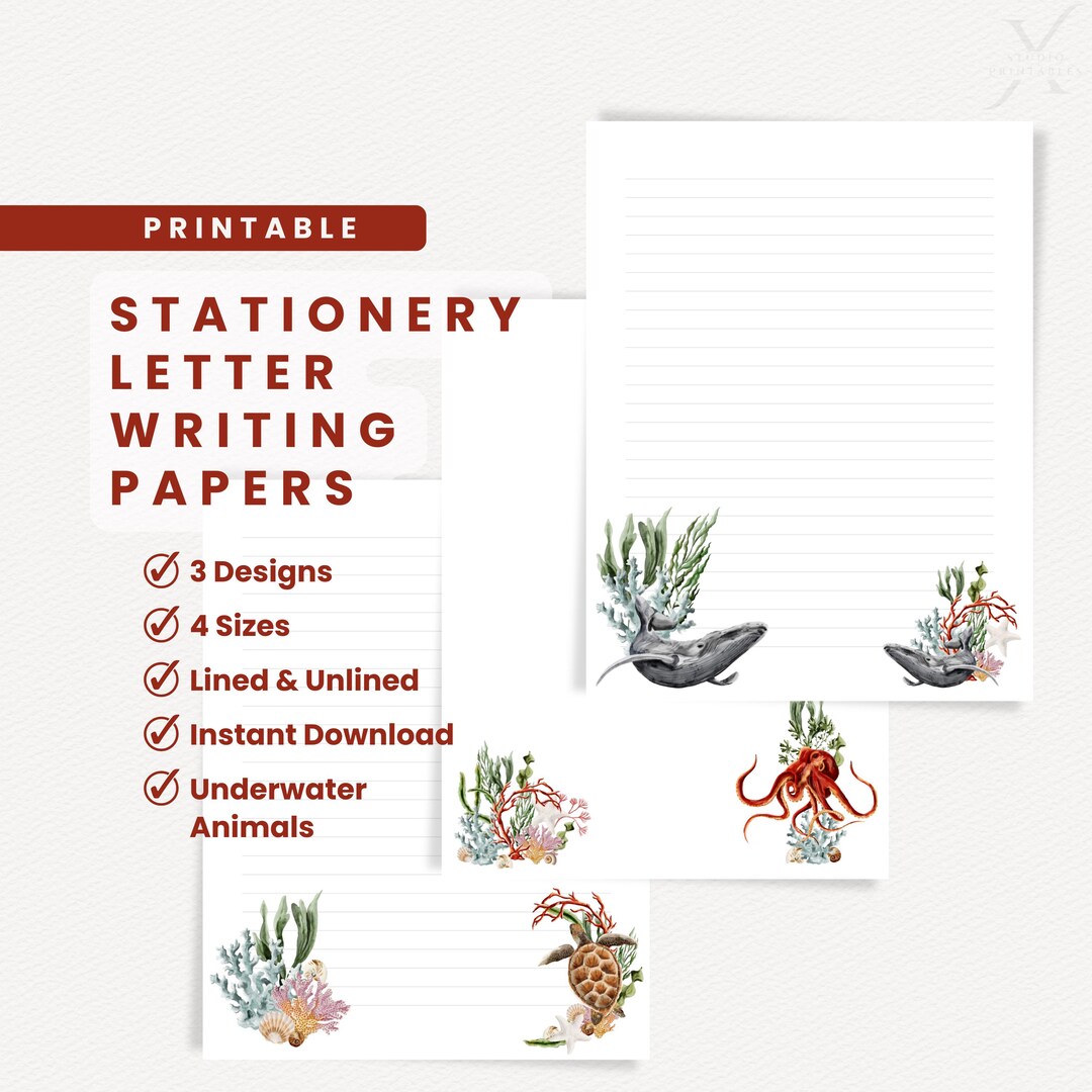 Underwater Animals Letter Writing Printable Stationery Paper Lined and ...
