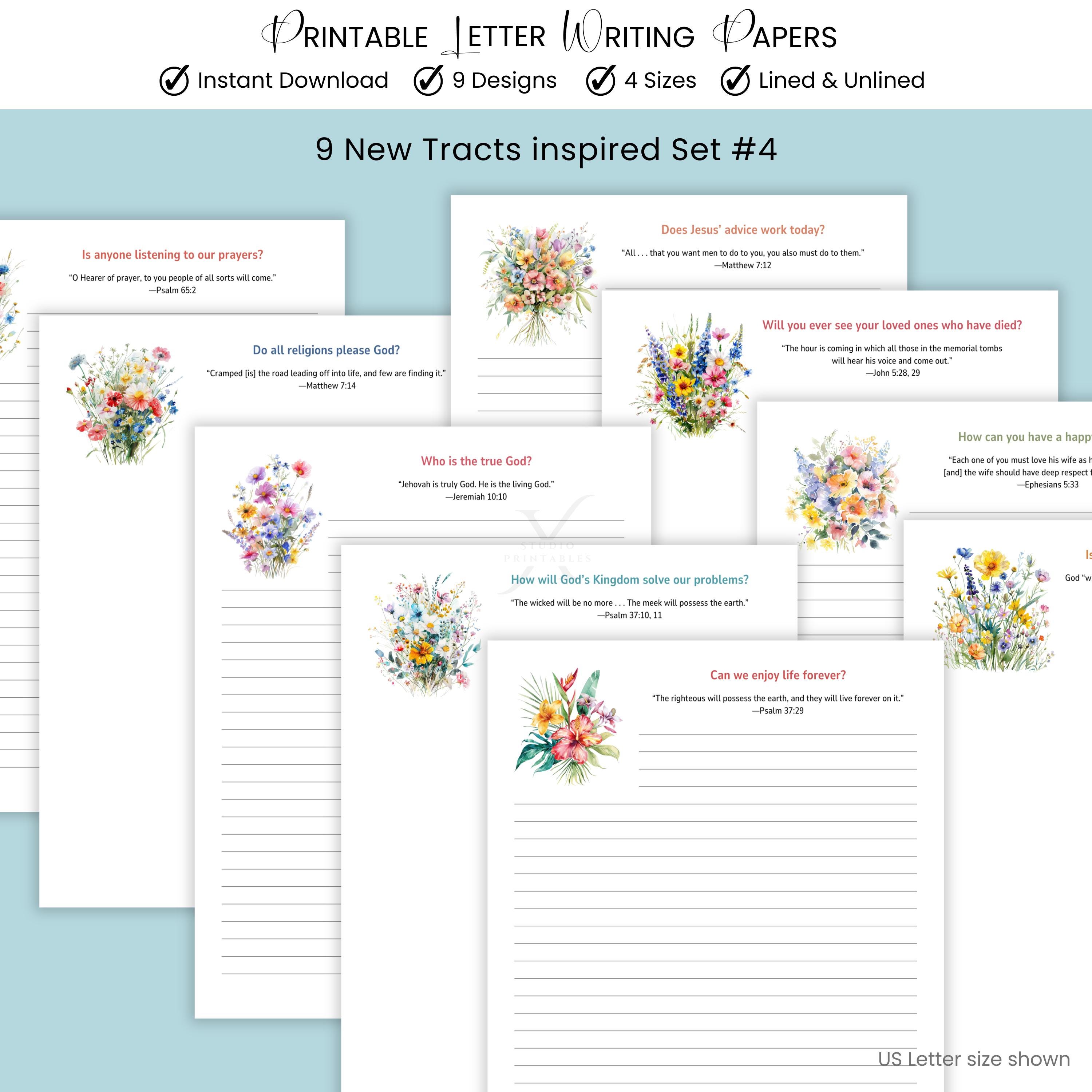 JW Tracts Letter Writing Paper Set 9 Designs Printable Stationery ...