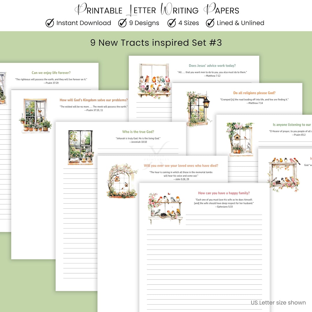 JW Tracts Letter Writing Paper Set 9 New Tracts Printable Stationery ...
