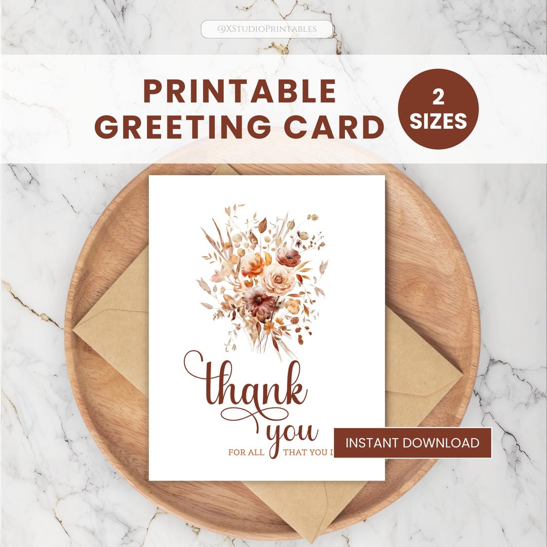 Thank You Card, Printable Greeting Card, PDF Instant Download Card ...