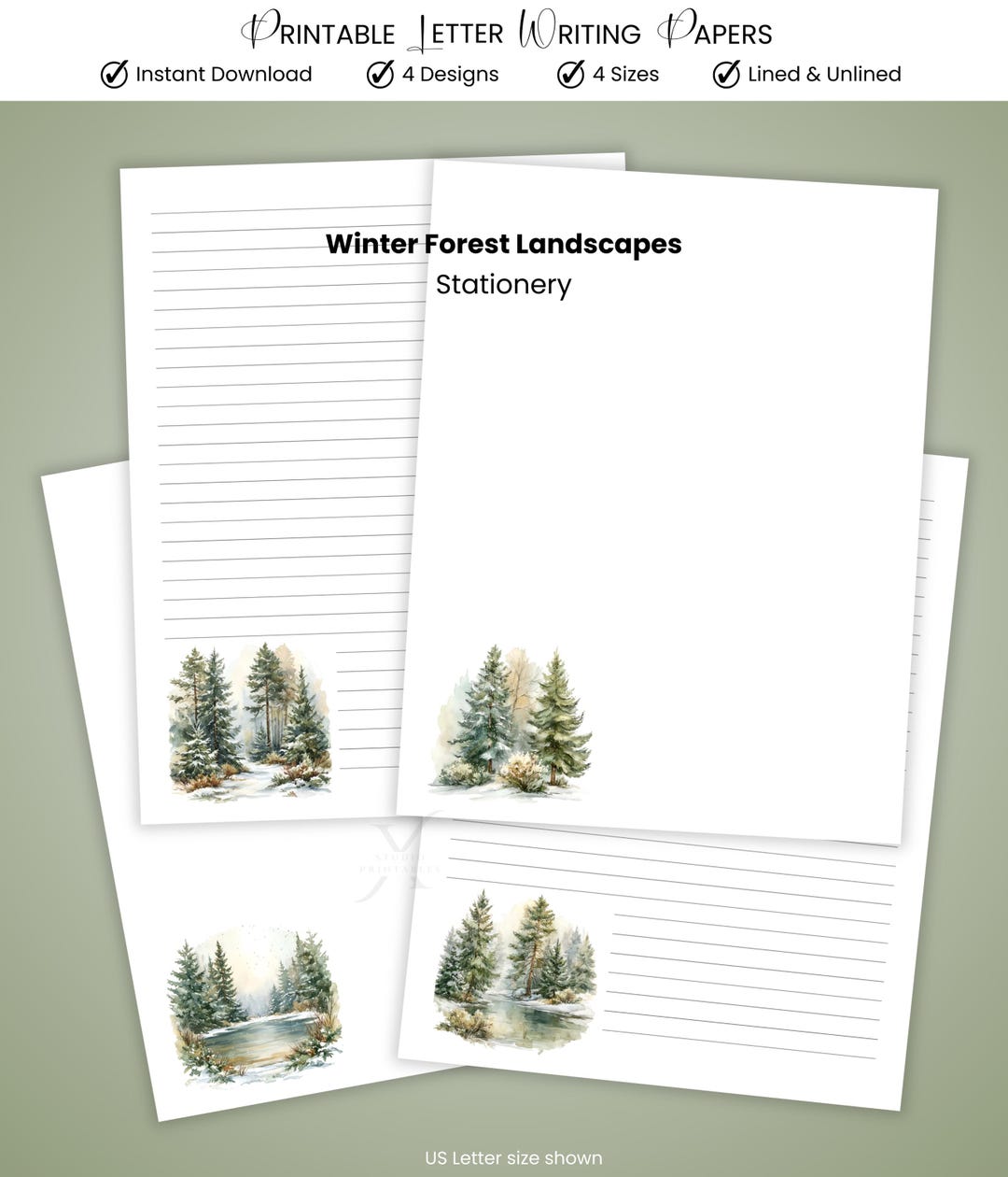 Winter Forest Stationery Set Lined and Unlined Printable Letter Writing ...