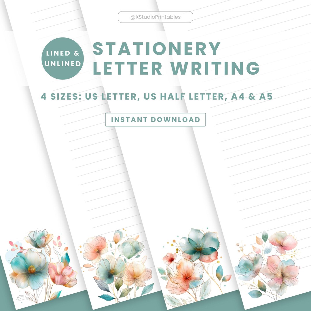 Printable Floral Letter Writing Paper Digital Stationery Set Lined ...