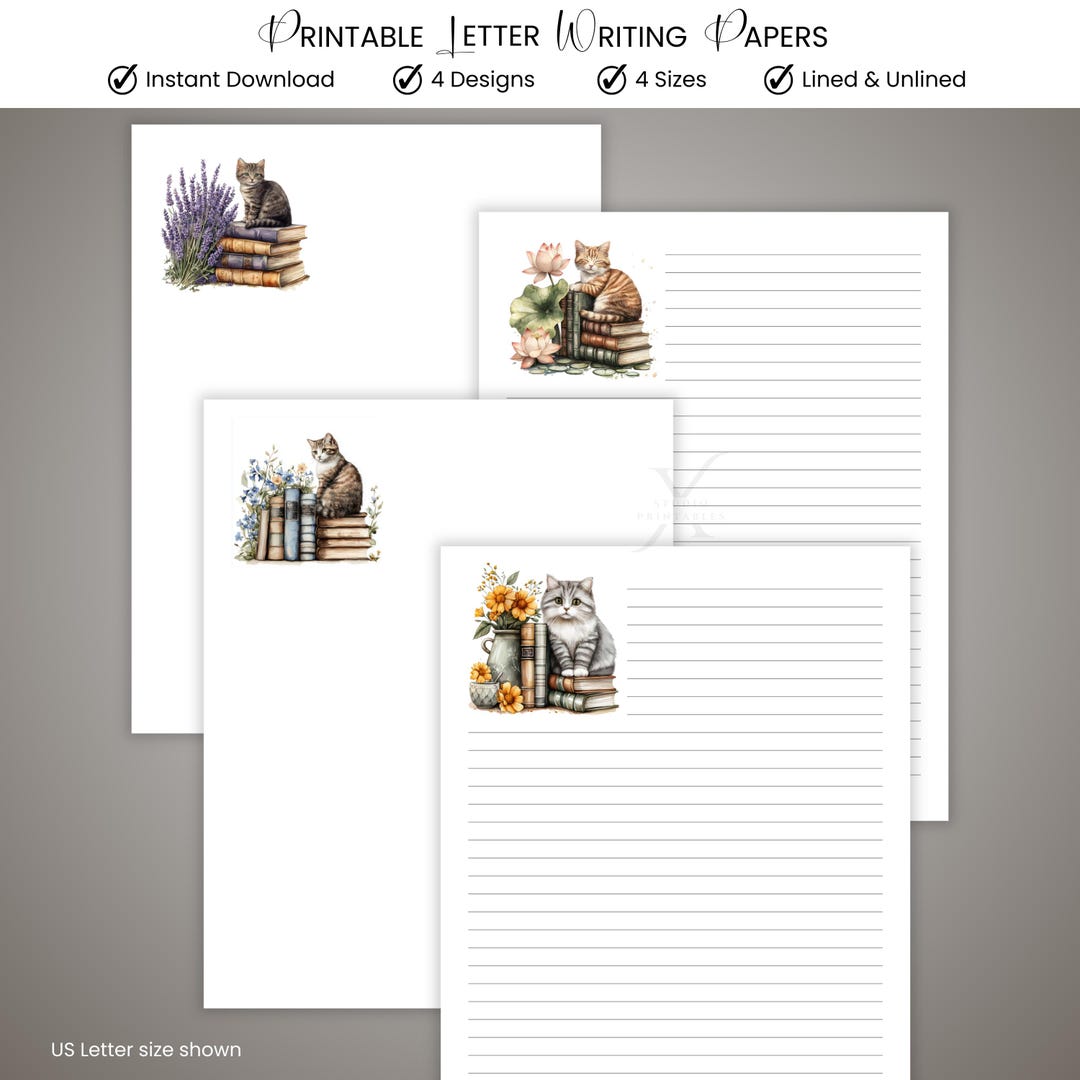 Cats and Books Stationery Printable Letter Writing Paper (digital ...