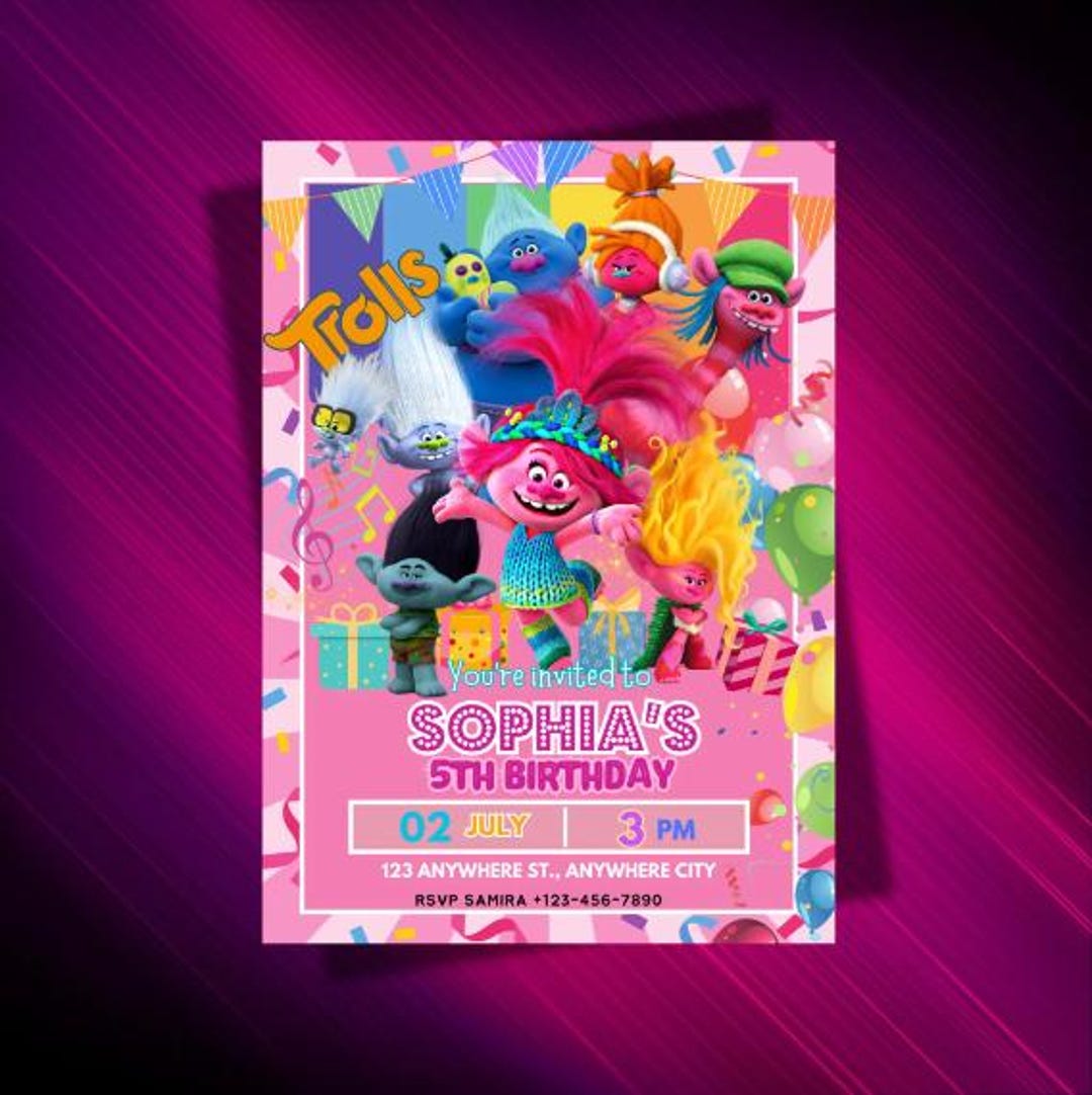 Trolls Invitation Card for Birthday Girls, Trolls Band Together ...