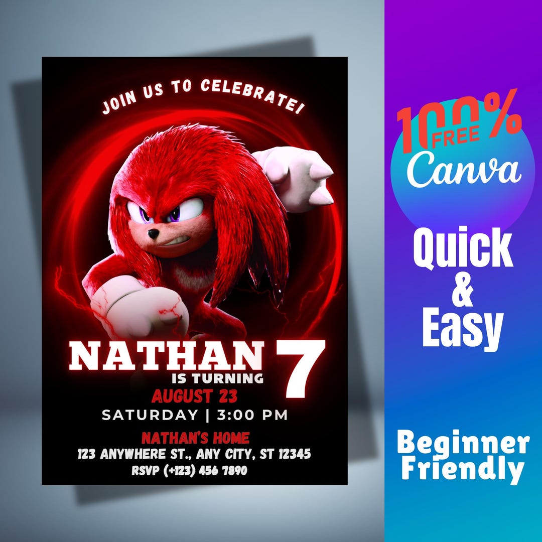 Knuckles Birthday Invitation Card, Canva Template, Sonic Theme Party ...